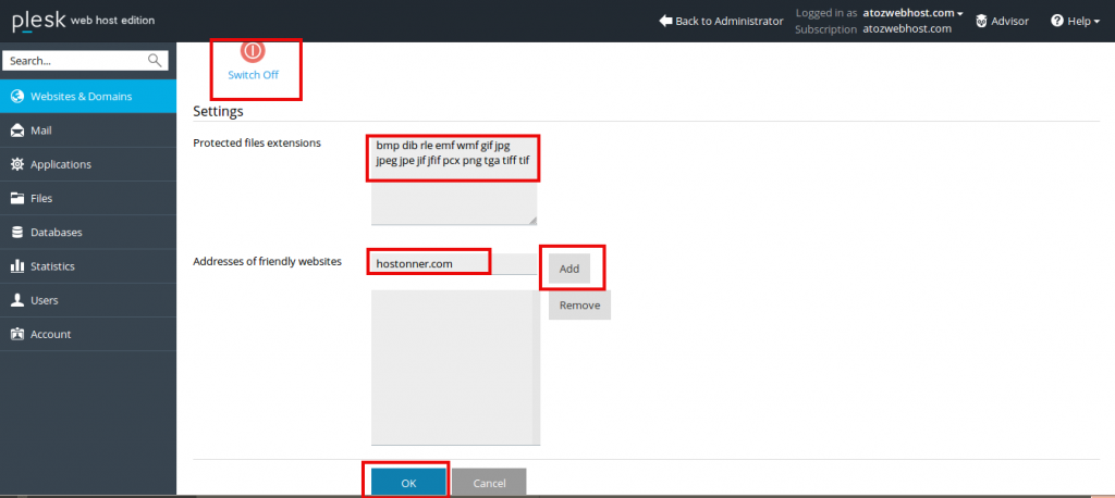 How to enable and disable Hotlink Protection in Plesk | HostOnNet.com