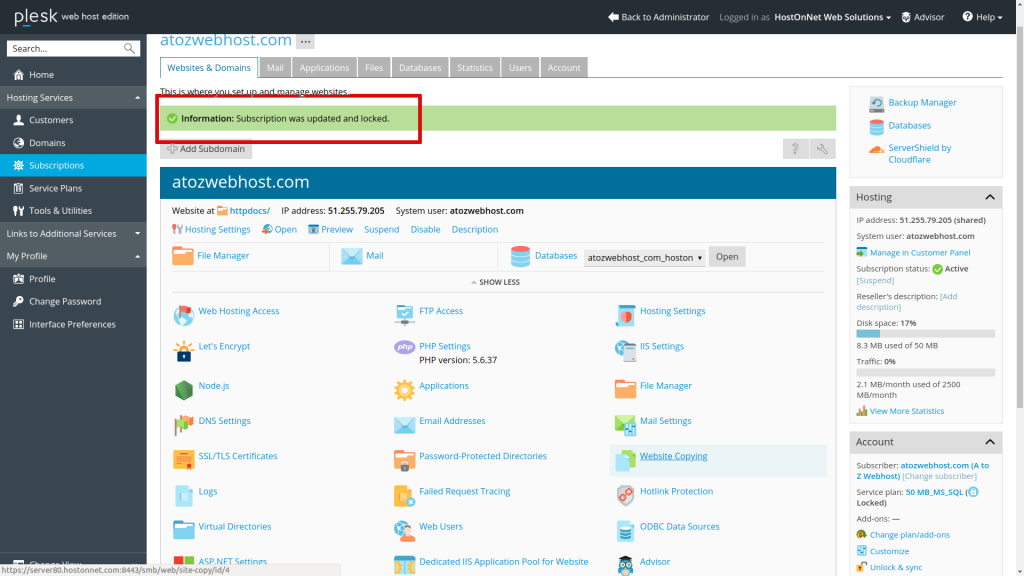 How to modify expiry date of a Subscription in Plesk Control Panel | HostOnNet.com