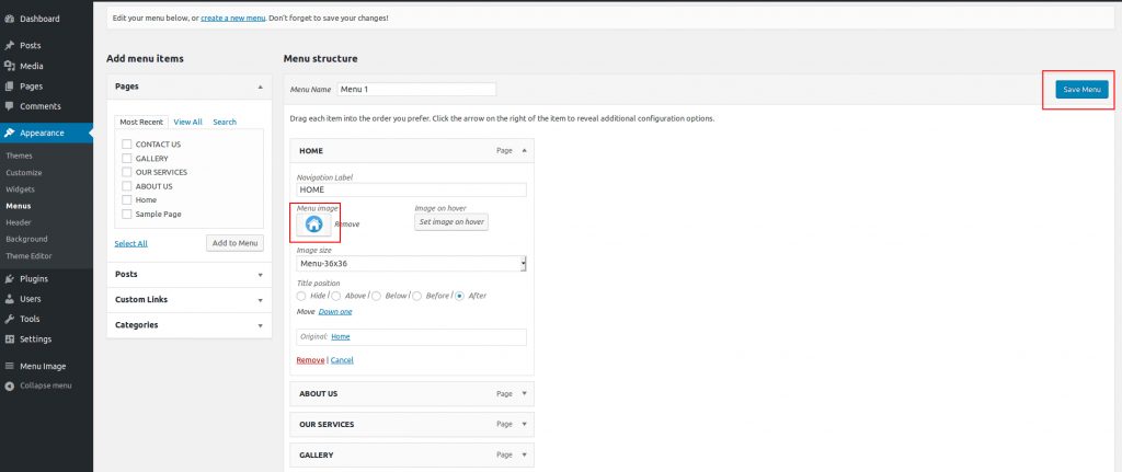 How to add an image in WordPress top menu using the plugin. | HostOnNet.com
